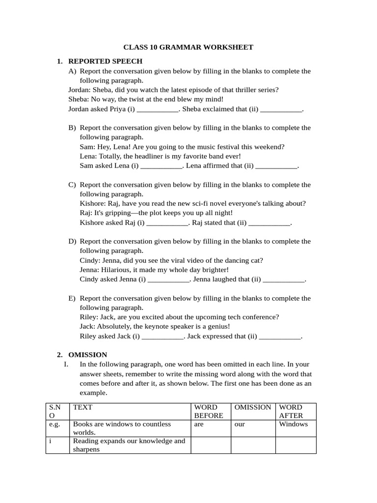 Class 10 Grammar Worksheet | PDF