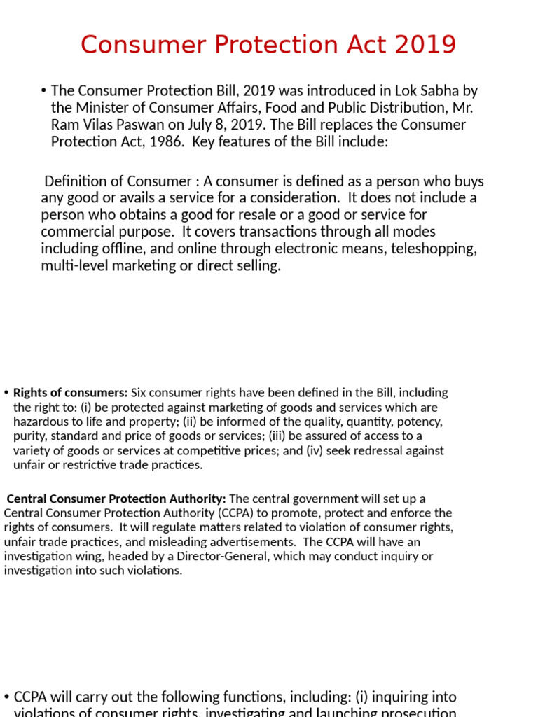 Overview of Consumer Protection Act 2019 | PDF | Consumer Protection ...