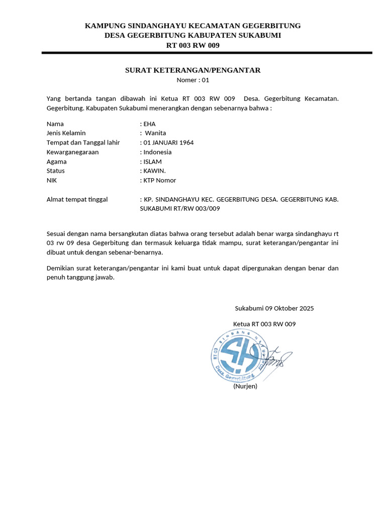 Contoh Format Surat Pengantar RT | PDF