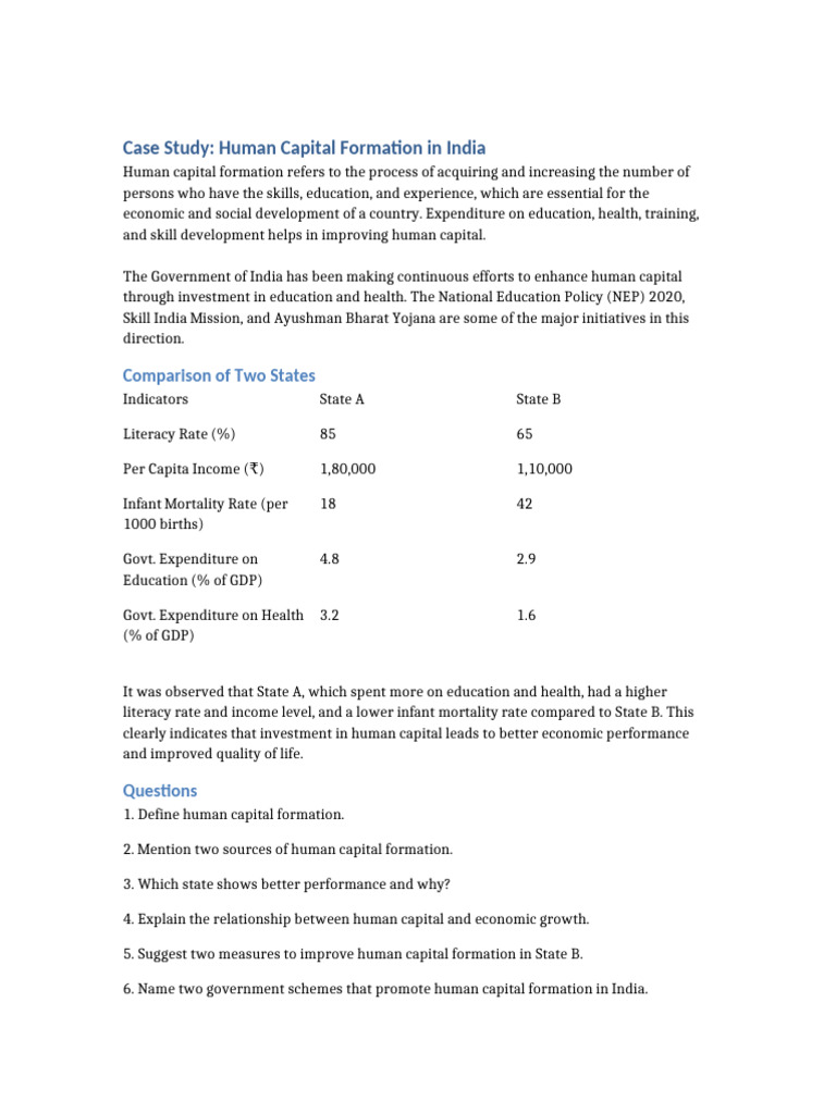 Human Capital Formation Case Study Class12 | PDF