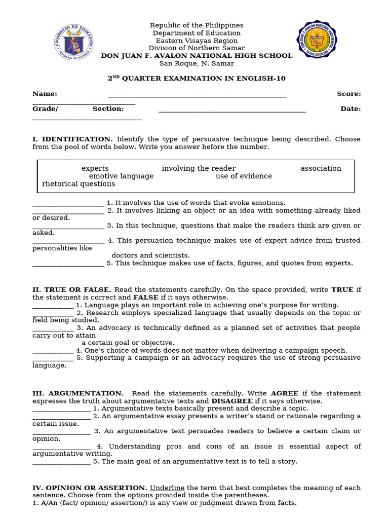 English 10 2nd Quarter Exam Guide | PDF | Truth | Opinion