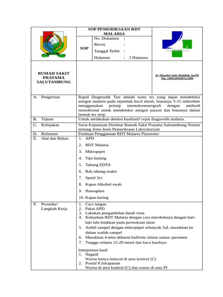 SOP Pemeriksaan RDT Malaria di RS Pratama | PDF