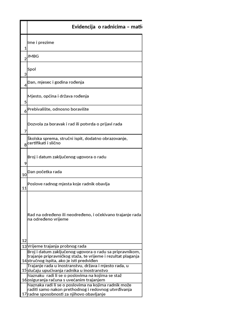 Evidencija o Radnicima Matična Evidencija Kod Poslodavca | PDF