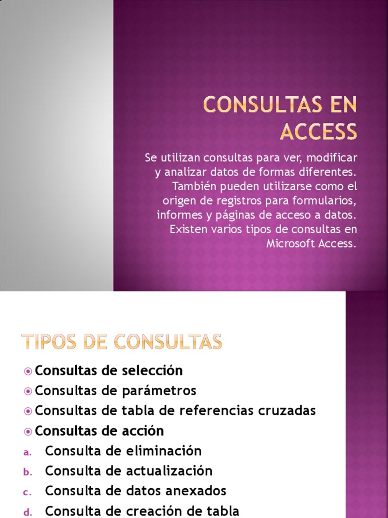 Tipos de Consultas en Access | PDF | SQL | Tabla (base de datos)