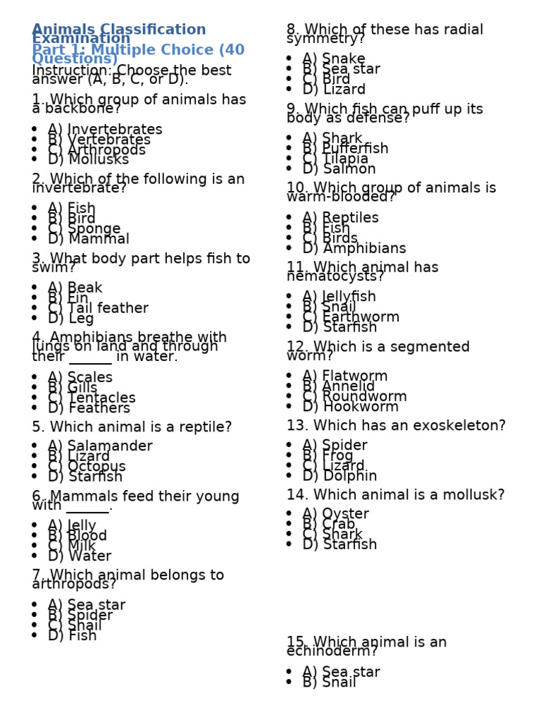 Animal Classification Exam Guide | PDF | Invertebrate | Amphibian
