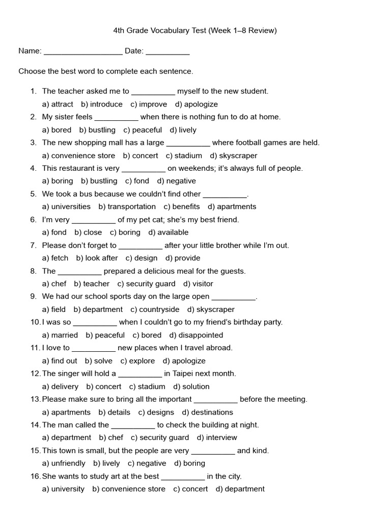 4th Grade CET Midterm Vocabulary Test - 2 | PDF