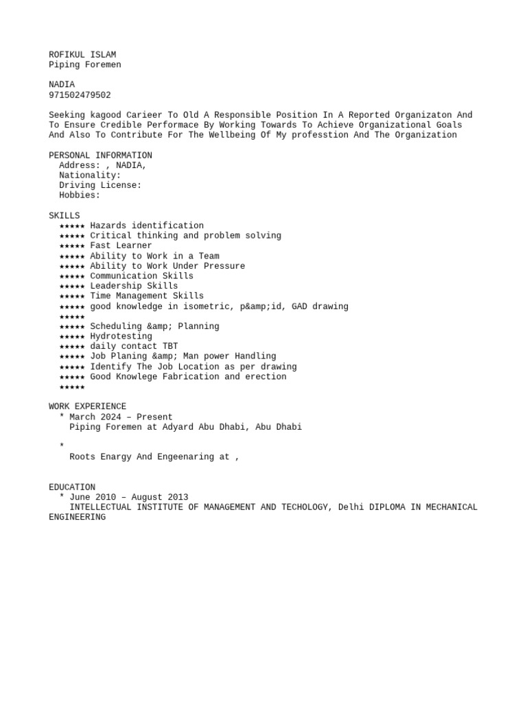 Rajibul SK - Resume - Piping Foremen | PDF