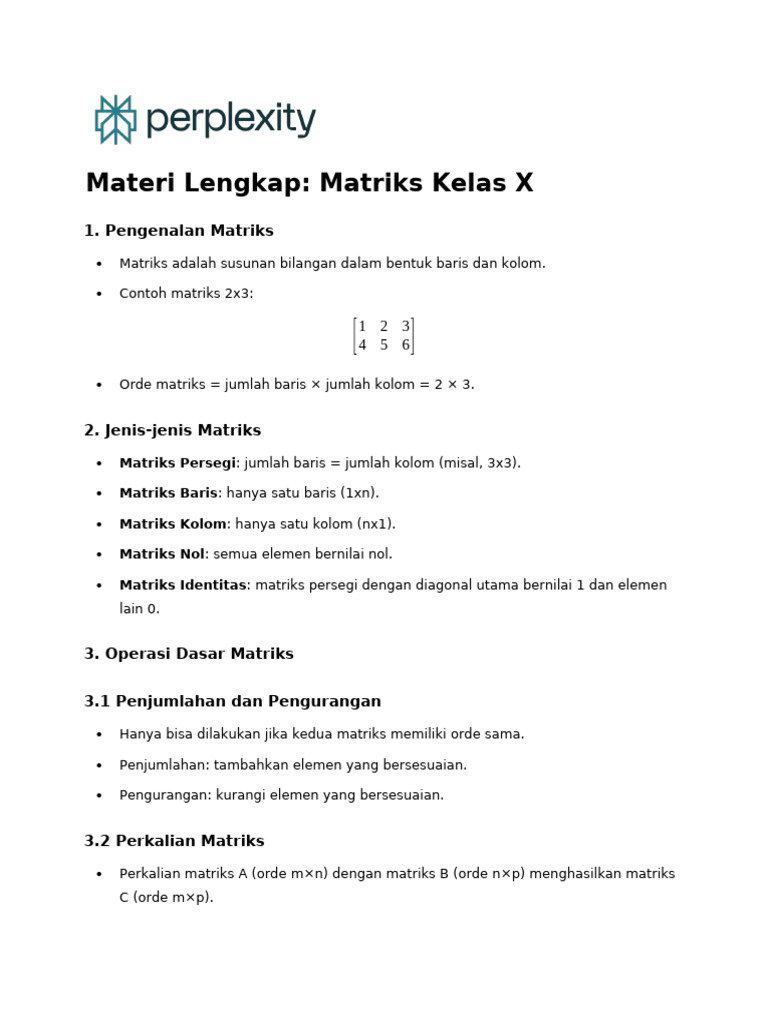 Panduan Lengkap Matriks Kelas X | PDF