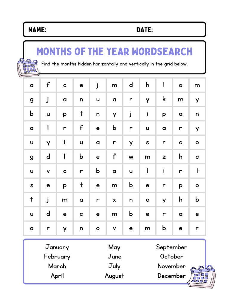 Months of The Year Wordsearch Worksheet in Simple Bold Style | PDF