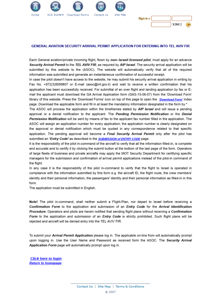 GENERAL AVIATION Security Arrival Permit Application For Entering INTO ...
