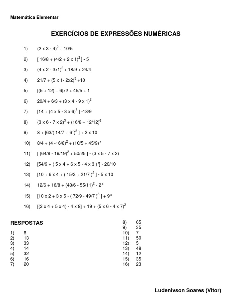 lista 1 - exercícios de expressões numéricas (com potência)