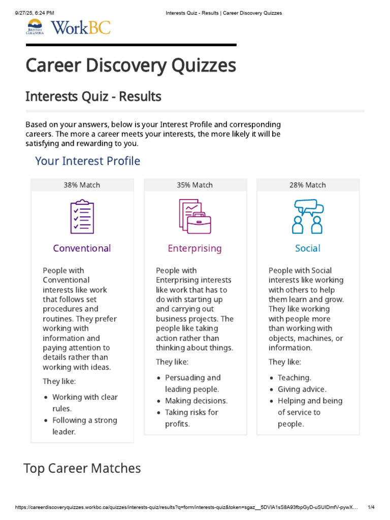 Interests Quiz - Results - Career Discovery Quizzes | PDF