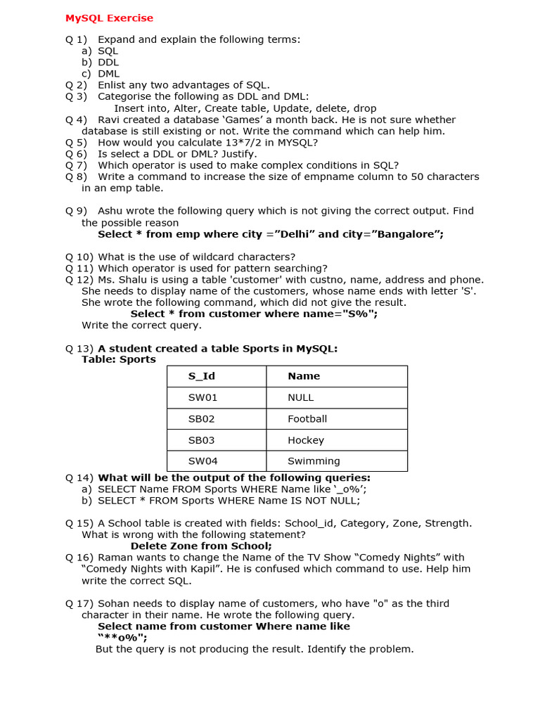 Beautiful Worksheet SQL For 11 and 12 Ip | PDF | Sql | Databases
