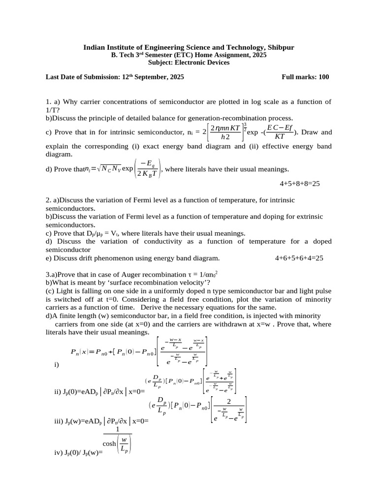 3rd Sem Electronic Device Home Assignment 2025 | PDF | Semiconductors | Doping (Semiconductor)