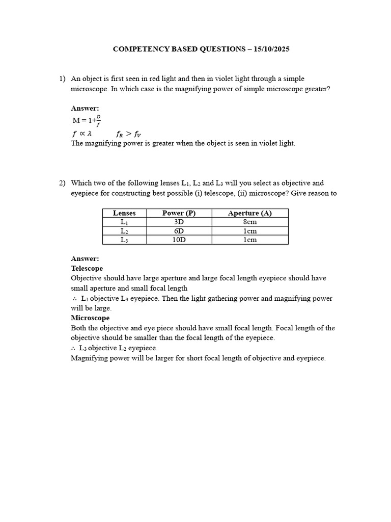 Competency-Based Questions on Optics | PDF