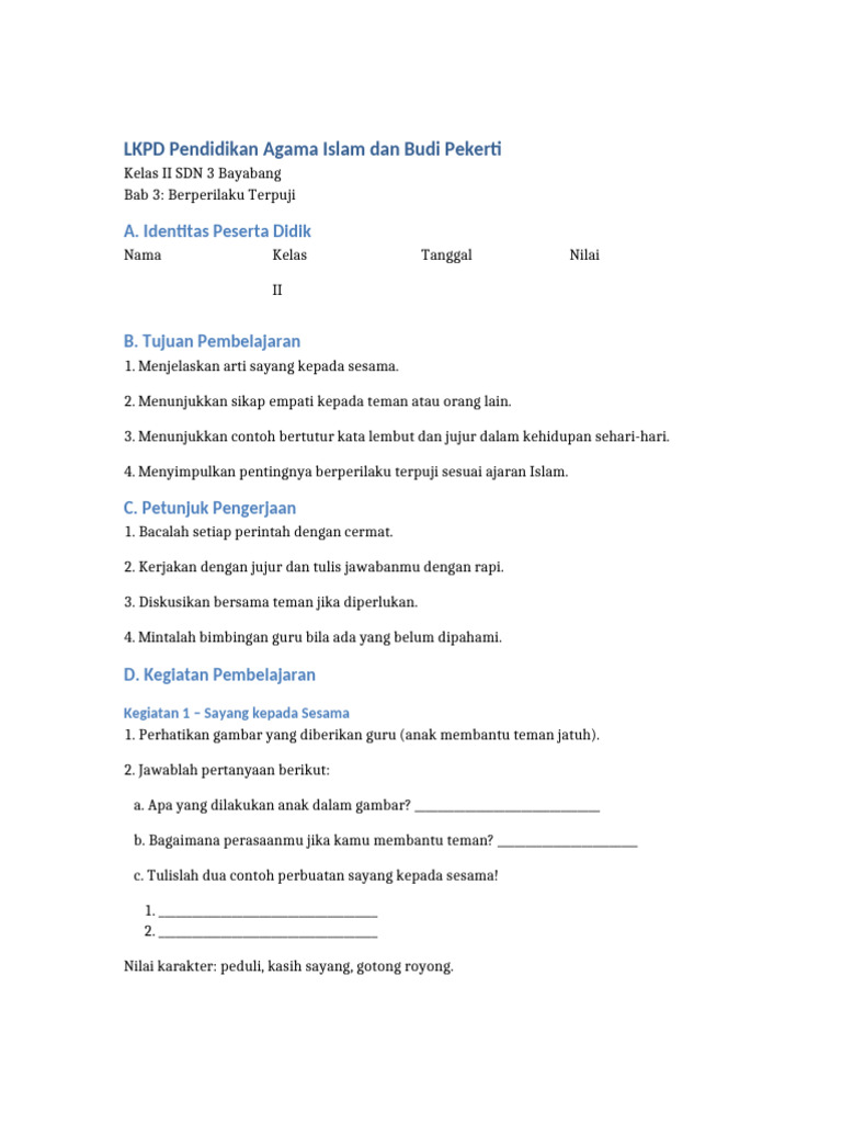 LKPD PAI Kelas 2 Berperilaku Terpuji | PDF