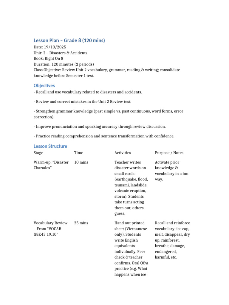Grade 8 Disaster Vocabulary Lesson Plan | PDF | Vocabulary | Reading ...