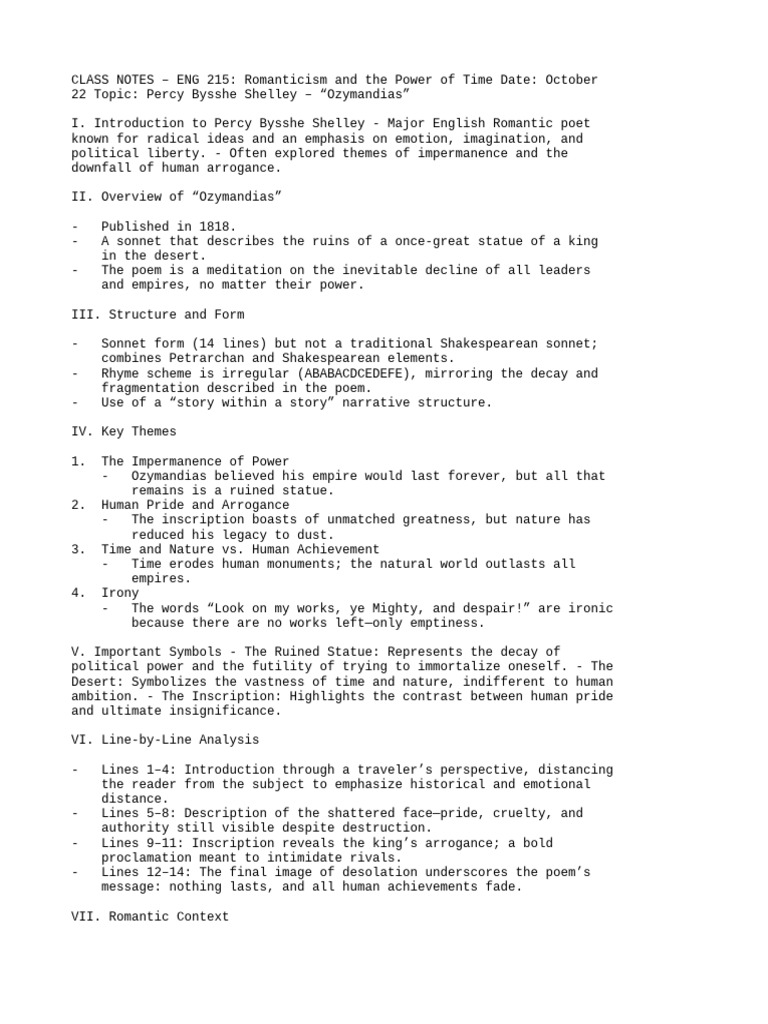 ENG 215 Ozymandias Notes | PDF | Poetry | Stanzaic Form