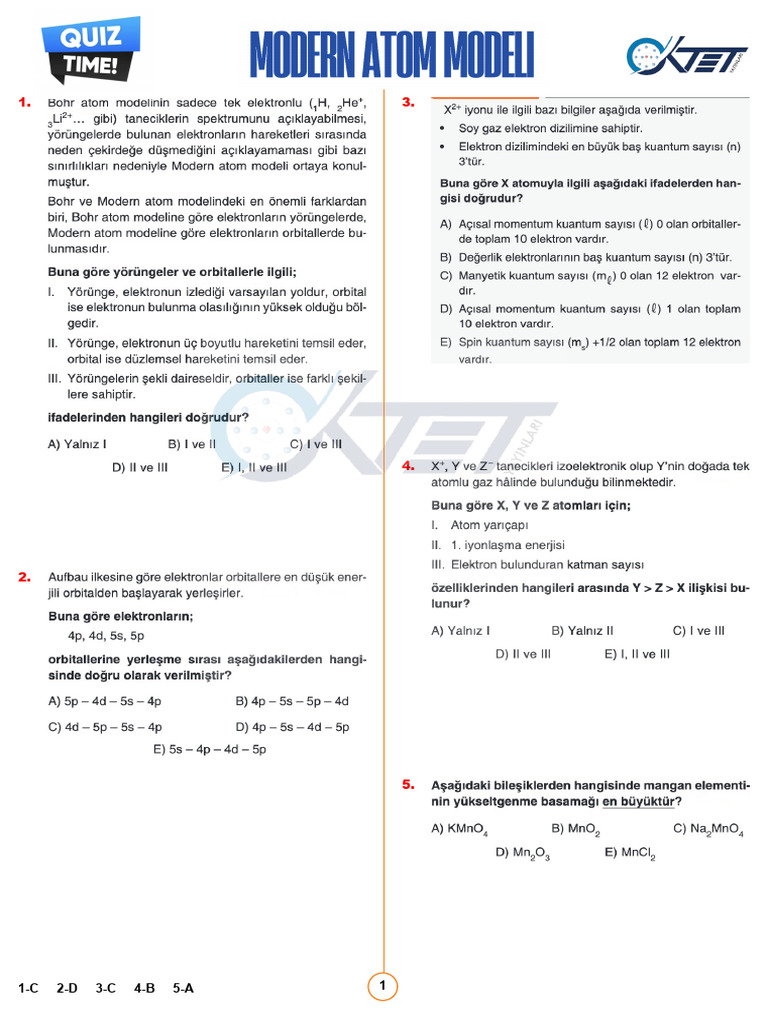 Modern Atom Model Quiz Answers | PDF