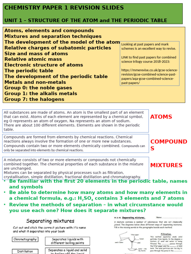 Chemistry Revision Paper 1 Unit 1 - Atomic Structure and The Periodic ...