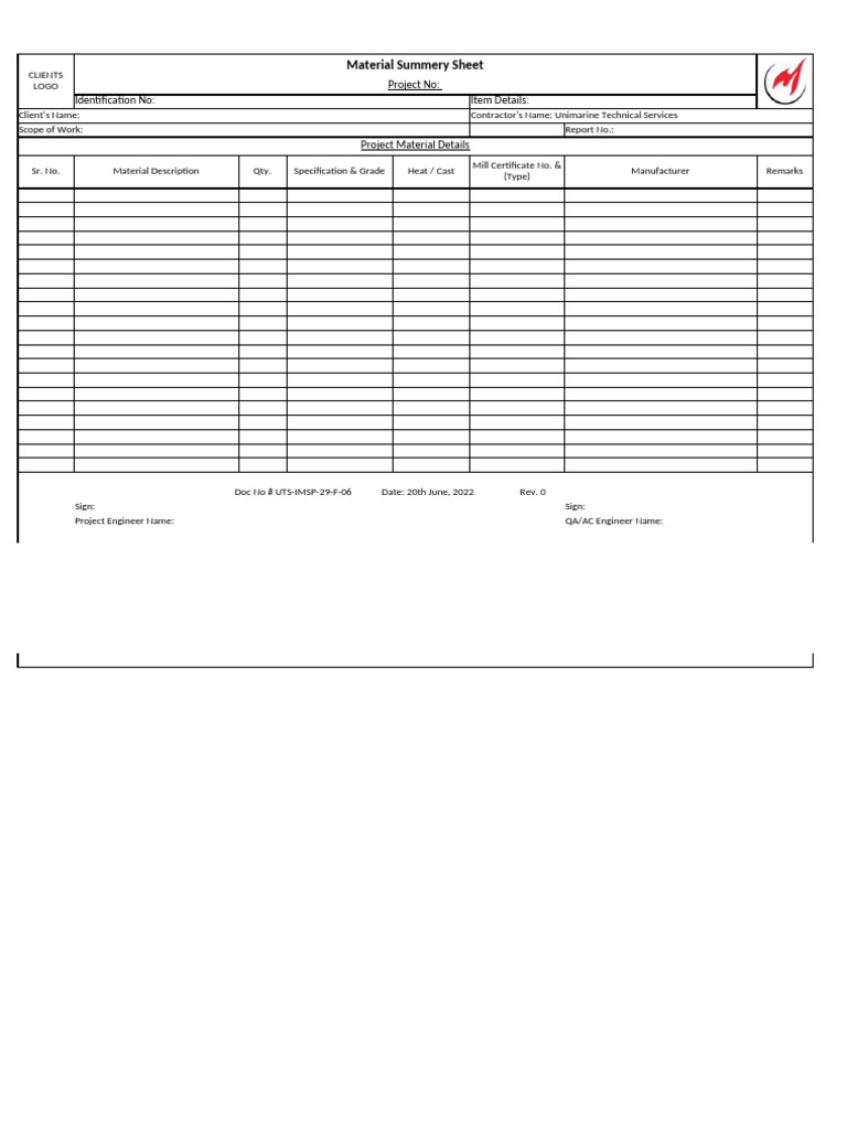 06 Material Summery Sheet | PDF