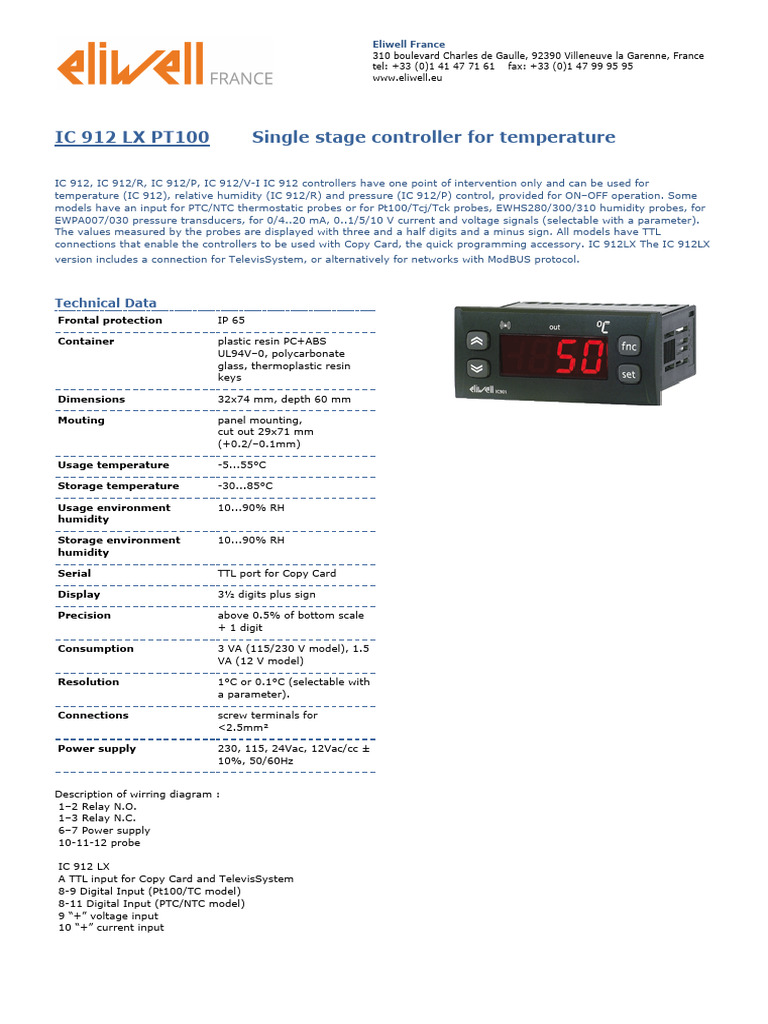 Eliwell IC 912 LX Temperature Controller | PDF | Electricity | Electronics