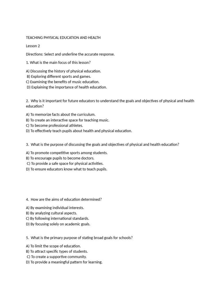 Lesson 2 Quiz PE and Health | PDF | Physical Education | Self Esteem