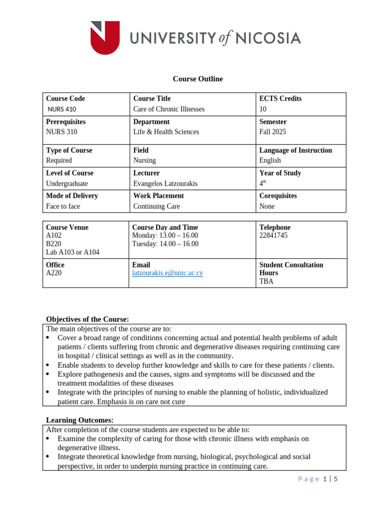 Course Outline NURS 410 (E), Fall 2025 | PDF | Chronic Condition ...