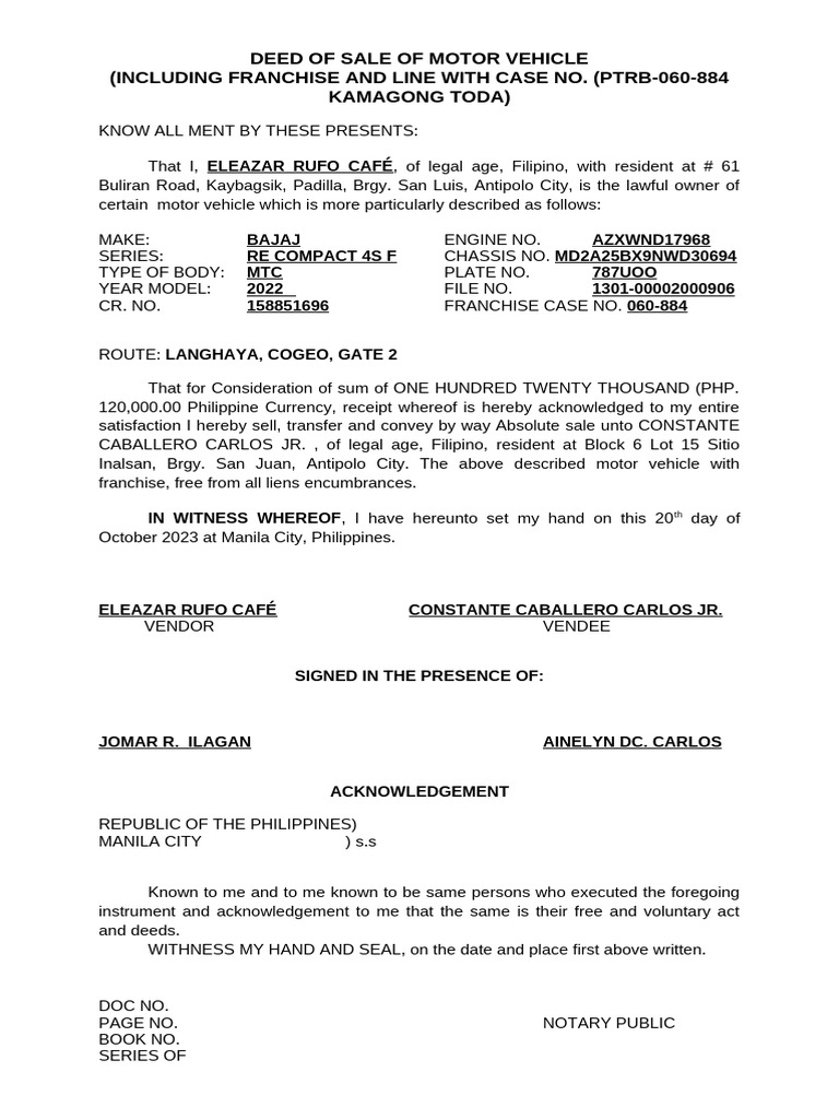 Motor Vehicle Sale Deed Template | PDF
