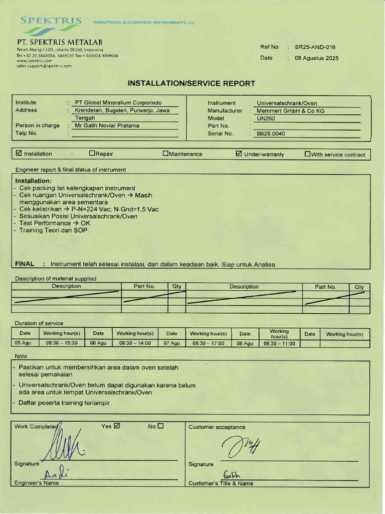 Installation Report - Oven Memmert | PDF
