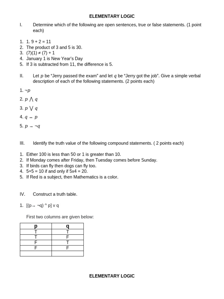Elementary Logic Quiz and Exercises | PDF