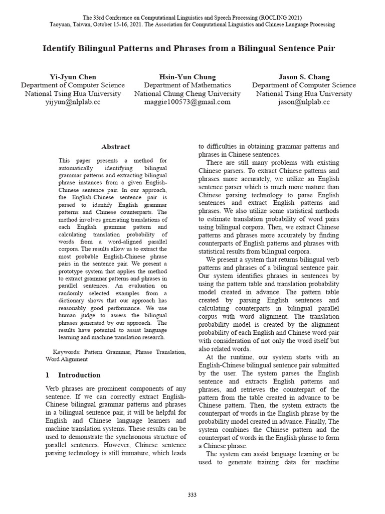 Identify Bilingual Patterns and Phrases From A Bilingual Sentence Pair ...