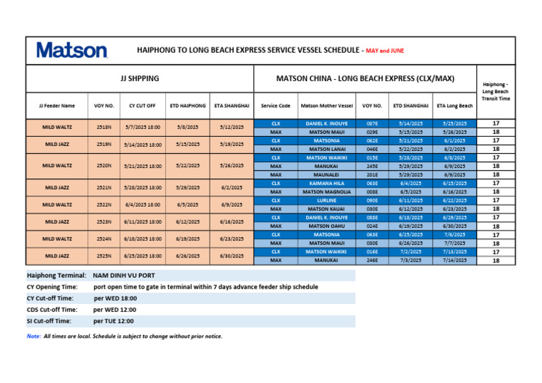Haiphong To Long Beach Express Service Vessel Schedule - Matson China - Long Beach Express (Clx ...