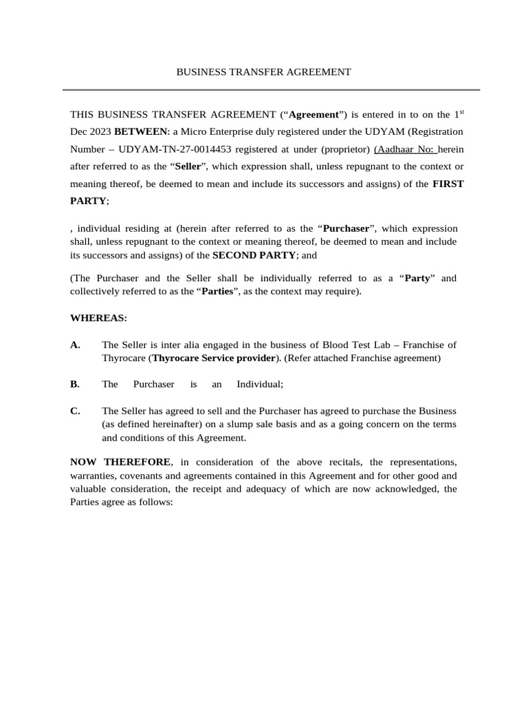 Business Transfer Agreement Template | PDF | Legal Remedy | Breach Of ...