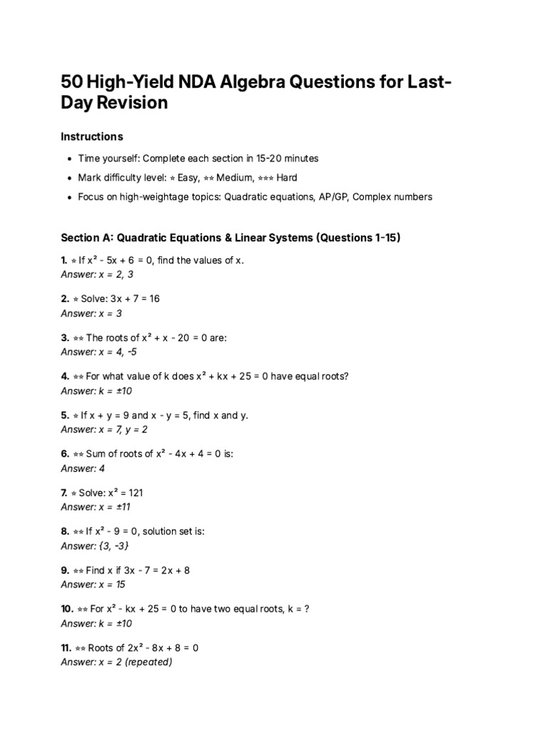 High-Yield Algebra Questions for NDA | PDF | Determinant | Mathematics