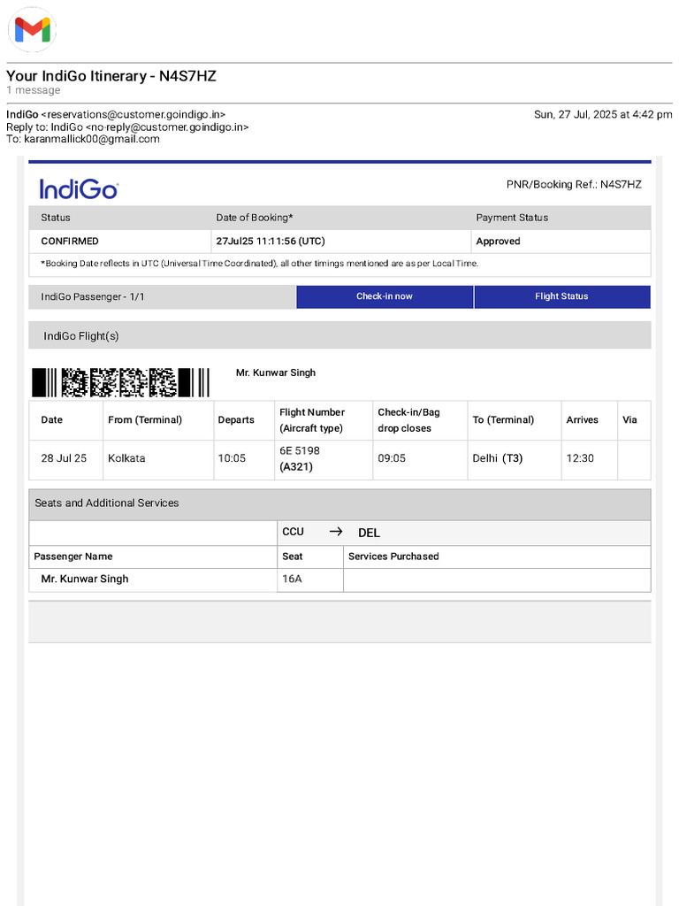 IndiGo Ticket - N4S7HZ | PDF