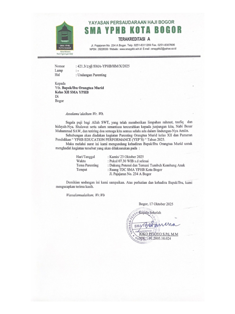 Surat Undangan Parenting Untuk Orang Tua | PDF