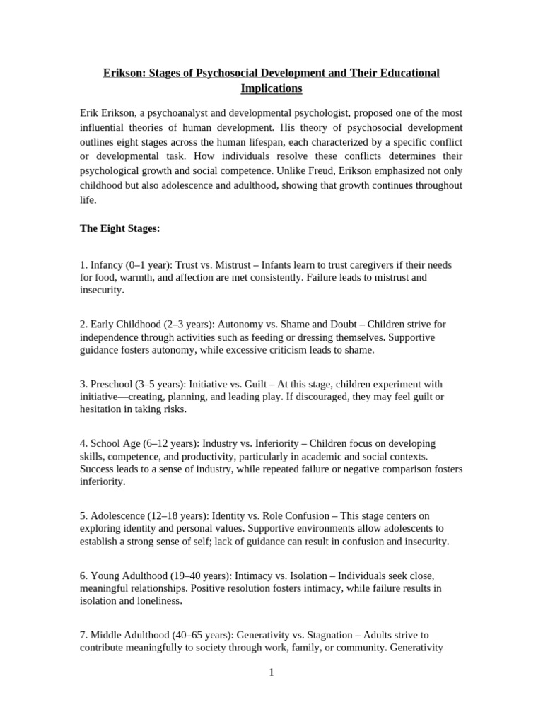 Erikson's Psychosocial Stages in Education | PDF | Developmental ...