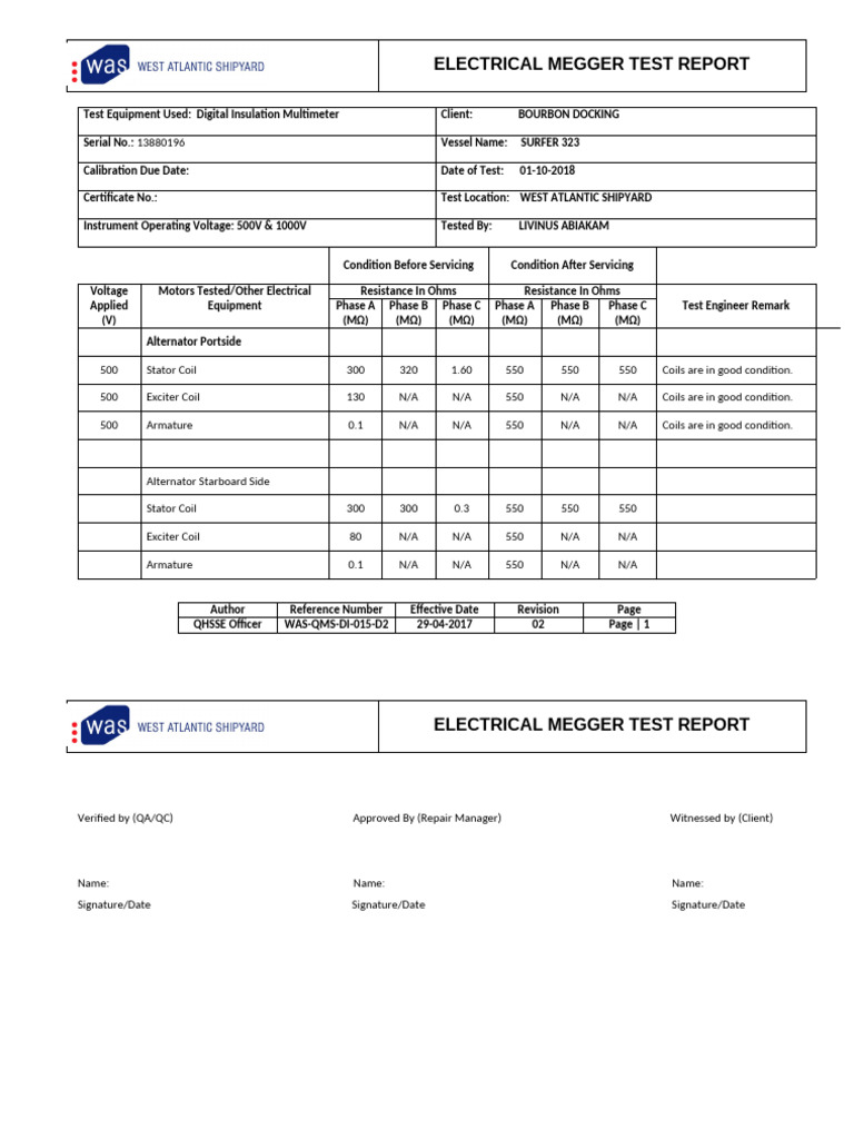 Megger Test Report for Surfer 323 | PDF | Machines | Electrodynamics