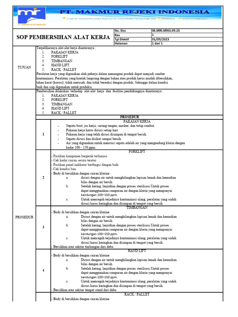 Sop Pembersihan Alat Kerja Rev1 | PDF