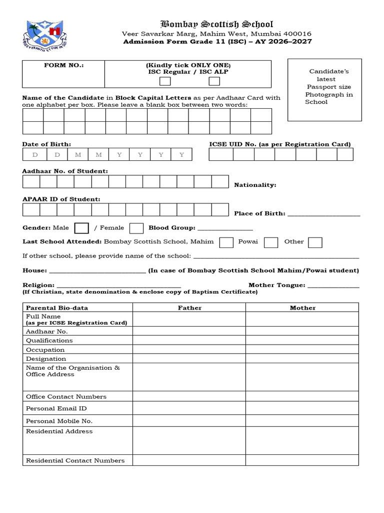 Bombay Scottish School 11th Grade Admission | PDF