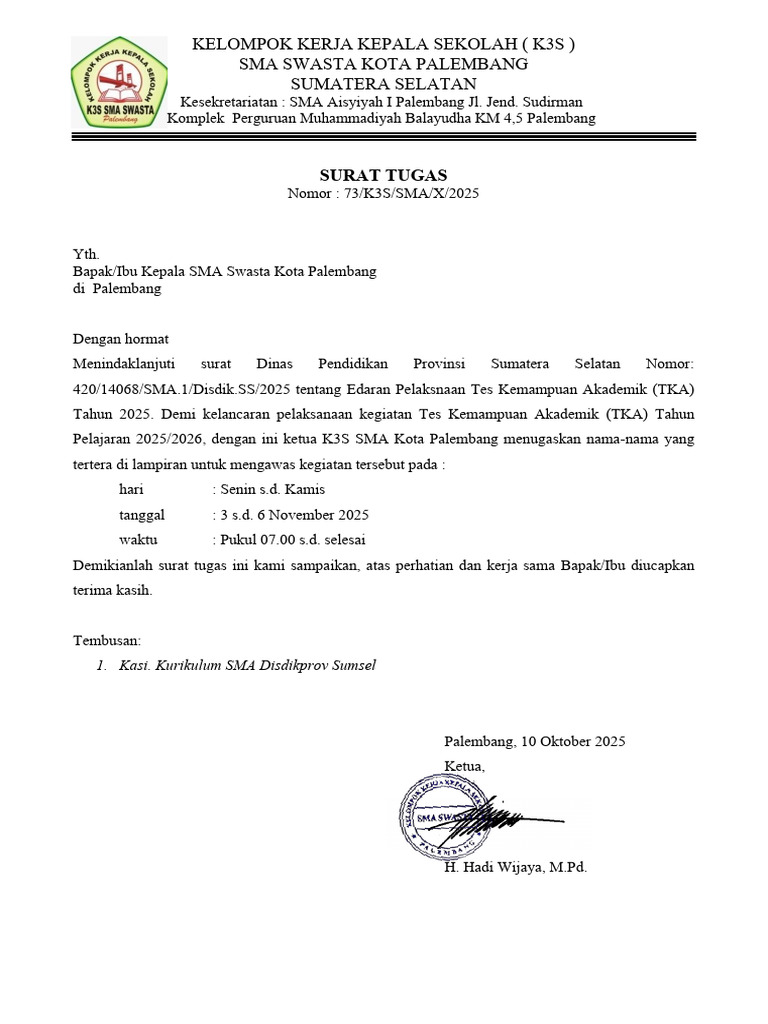 Surat Tugas Pengawas TKA 2025 | PDF