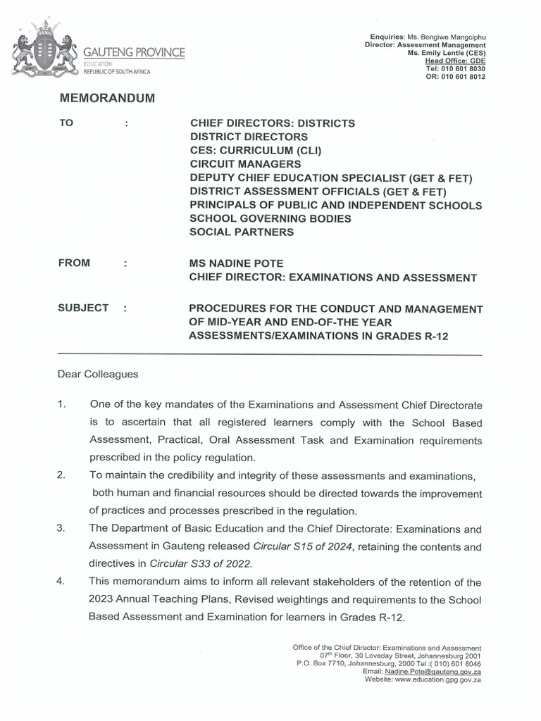 MEMORANDUM - Management of Mid-Year and Final AssessmentsExamination | PDF