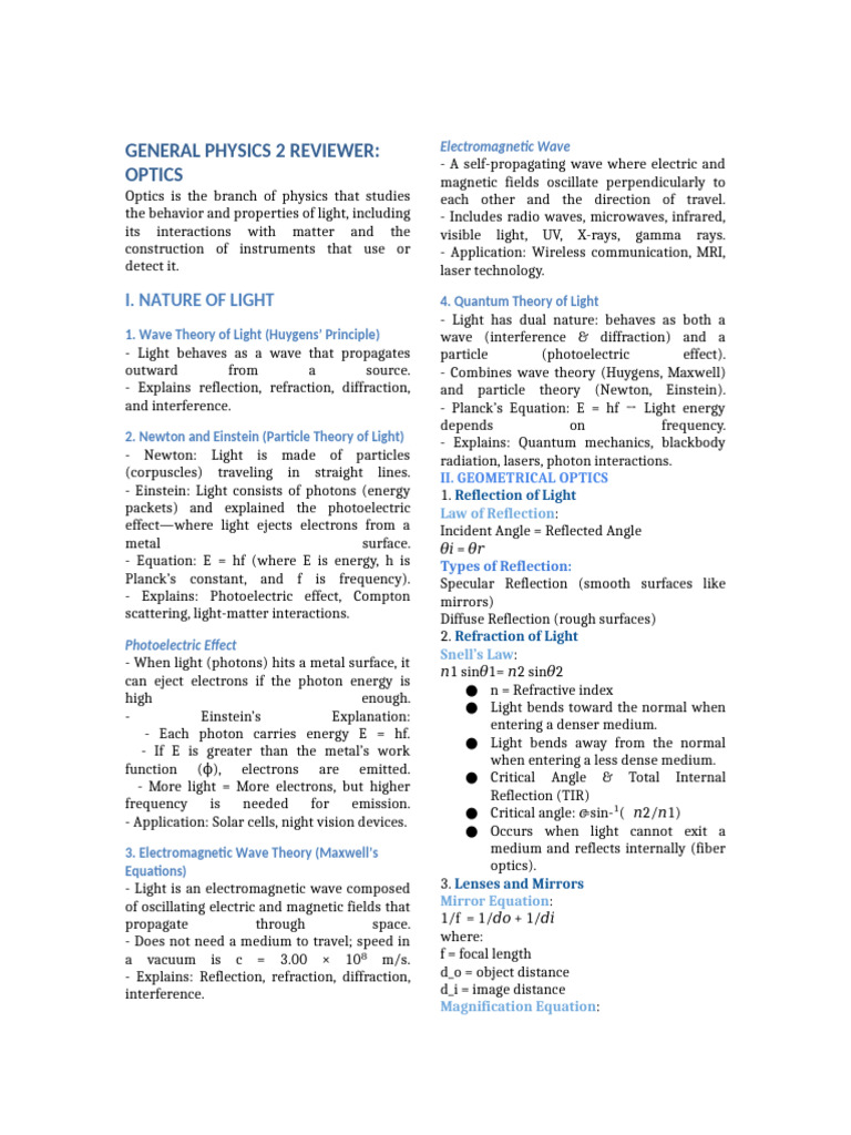 General Physics 2 Optics Reviewer | PDF | Light | Optics