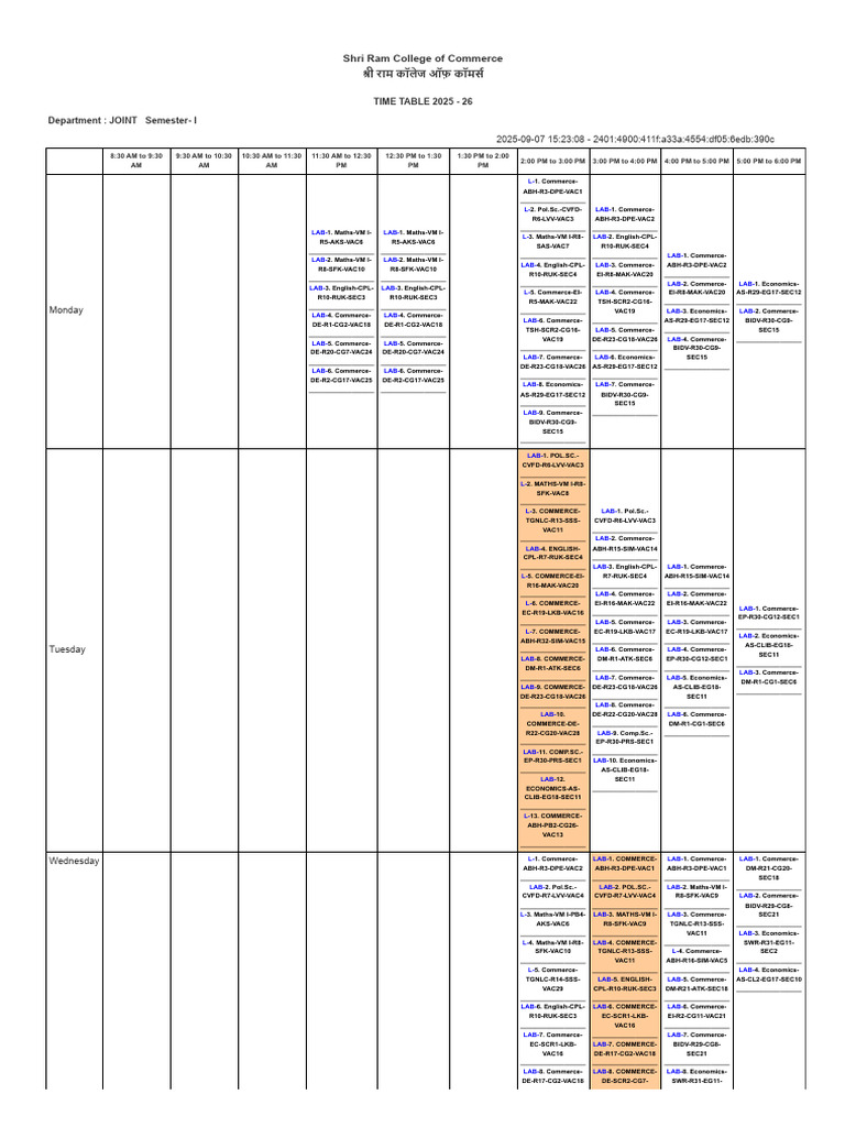 Joint SEC-VAC-AEC Timetable Semester I | PDF | Data Analysis