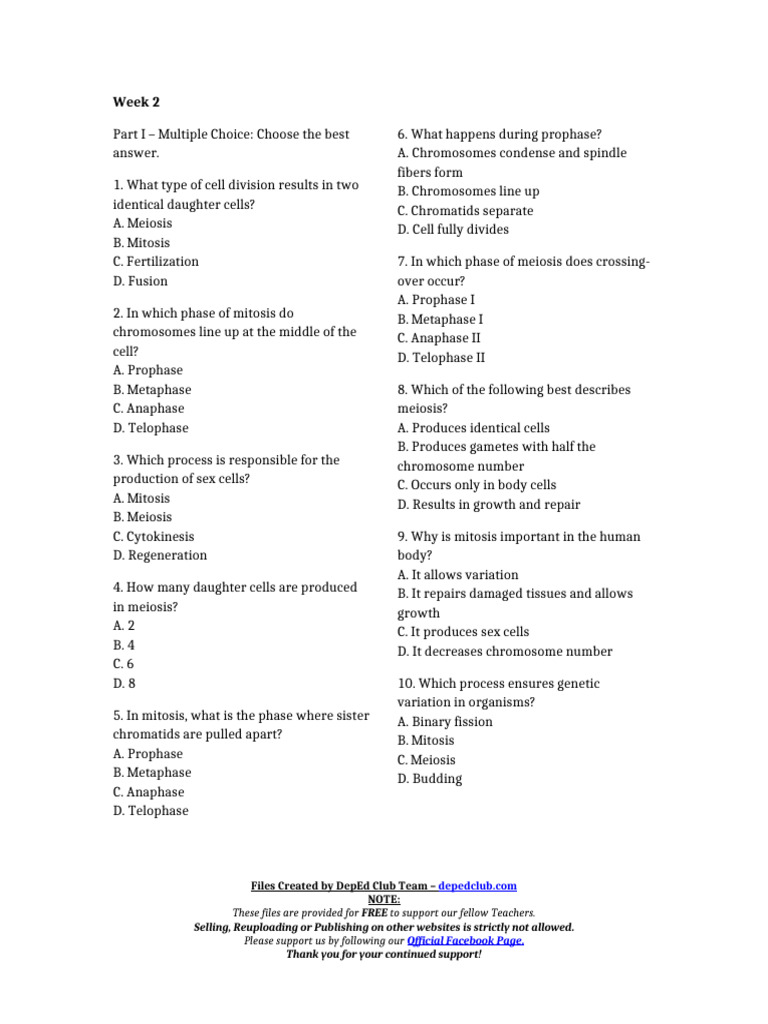 Mitosis and Meiosis Quiz Questions | PDF | Mitosis | Meiosis