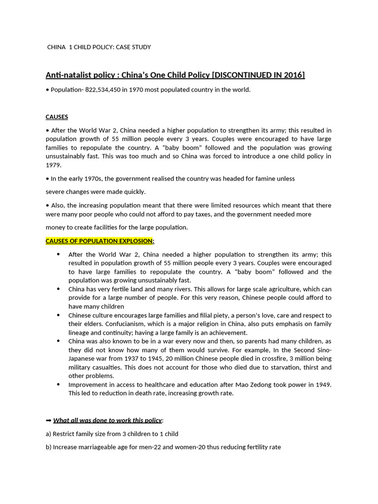 China 1 Child Policy Case Study For Igcse Geography | PDF | Social Policy