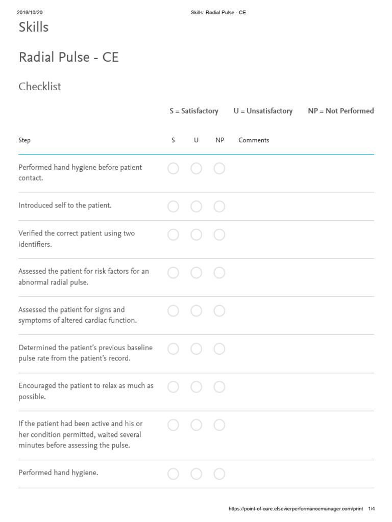 Skills - Radial Pulse - Checklist Inmnsksjksnbq Lqjshqs | PDF | Pulse | Arm