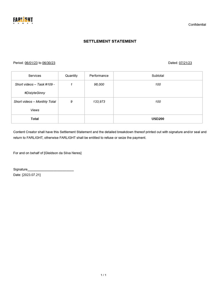 Settlement Statement Gleidson007 2023.06 | PDF