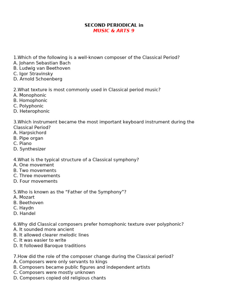 Classical Music and Arts Quiz for Grade 9 | PDF | Classical Period ...